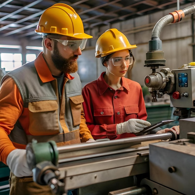 Two industrial workers operating a lathe in a factory setting | Premium ... Two industrial workers operating a lathe in a factory setting | Premium ...