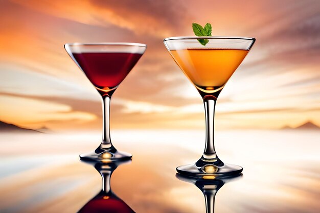 Premium Photo Two Martini Glasses With A Leaf On The Top And One With