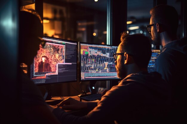 Two men are seated in front of three computer monitors working and concentrating on their tasks ...