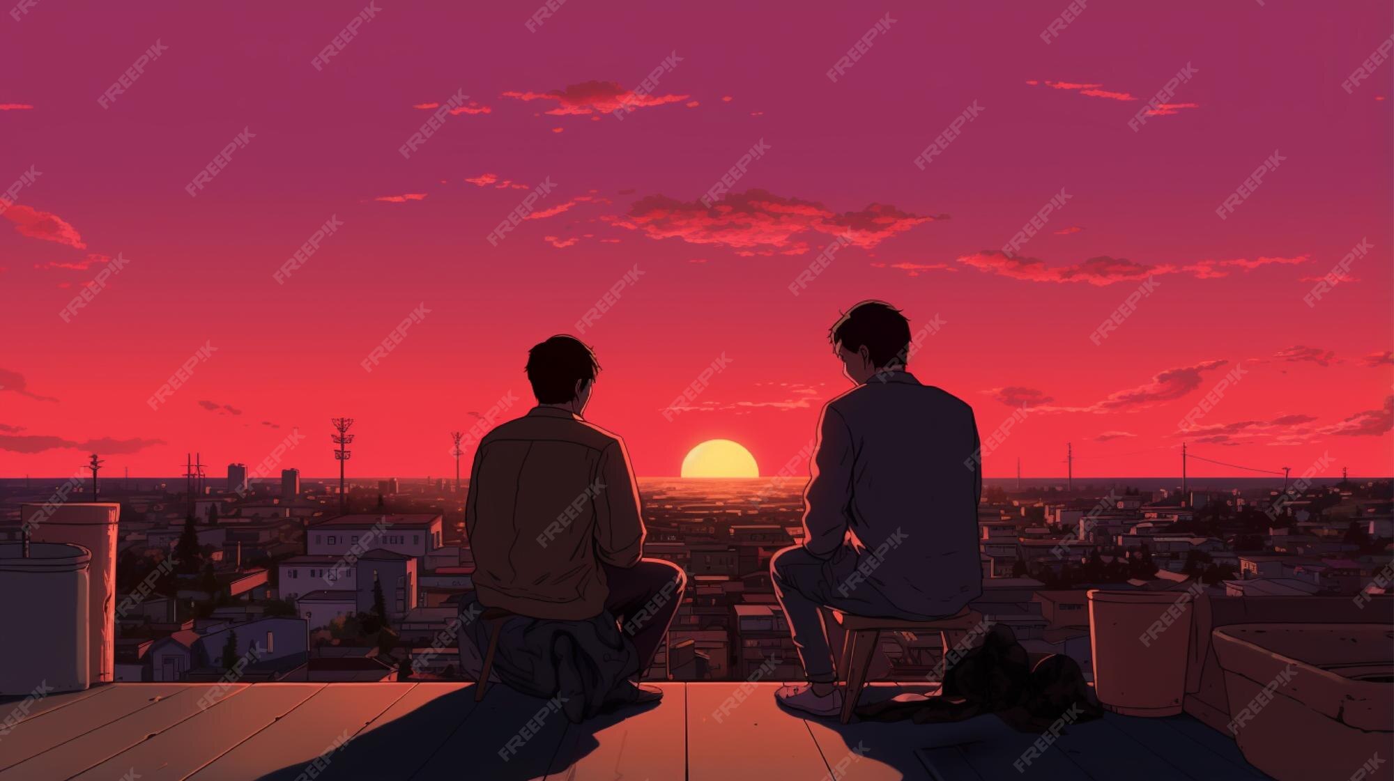 Premium Photo Two Office Workers On The Rooftop Of A Building Watching The Sunset