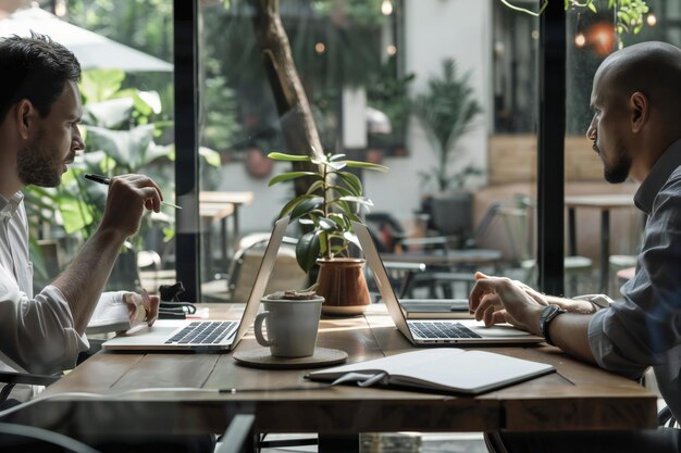 Premium Photo | Two people working on laptops in a cafe with a plant in ... Premium Photo | Two people working on laptops in a cafe with a plant in ...
