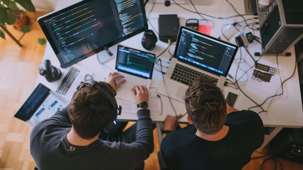 Two scientists configuring a powerful computer setup dedicated to ...