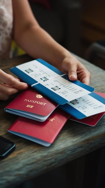 Two Travelers Passports Red And Blue With Boarding Passes For The Plane