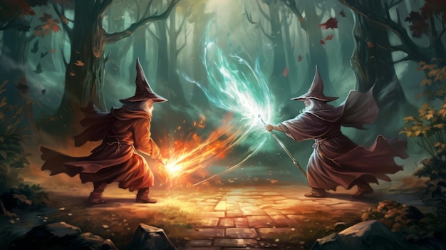 Premium AI Image | Two wizards fight Generative AI Premium AI Image | Two wizards fight Generative AI