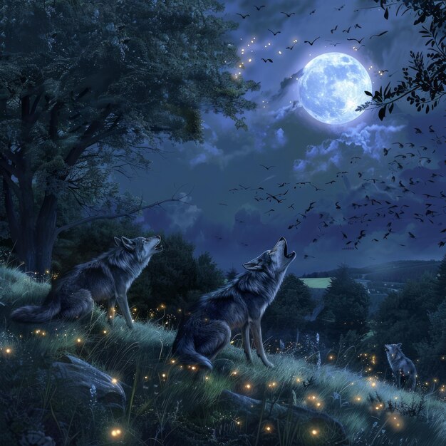 Two Wolves Howling At The Moon In A Forest Clearing Premium Ai Generated Image