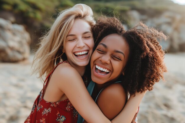 Two Women Laughing While Hugging | Premium AI-generated image Two Women Laughing While Hugging | Premium AI-generated image