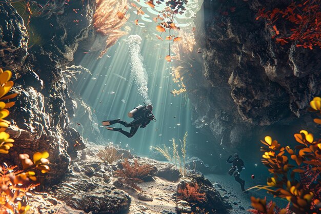 Premium Photo | Underwater cave exploration with divers discoverin Premium Photo | Underwater cave exploration with divers discoverin