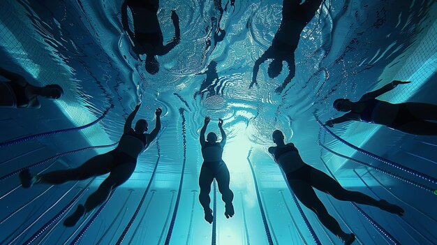 Underwater view of a group of synchronized swimmers performing in a ... Underwater view of a group of synchronized swimmers performing in a ...