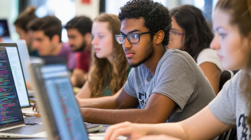University students working on a computer program in a collaborative ...