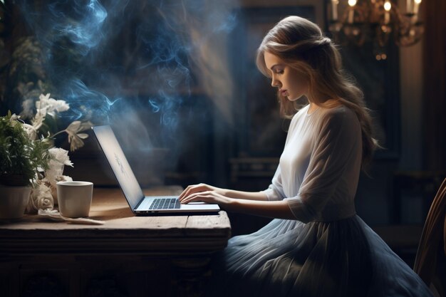 Premium AI Image | Unrecognizable woman sitting at desk working on laptop Premium AI Image | Unrecognizable woman sitting at desk working on laptop