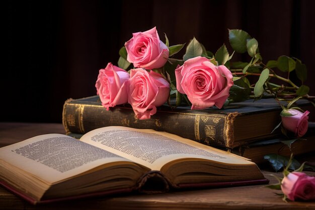 Premium Photo | Unveiling Secrets The Open Book and Pink Roses Premium Photo | Unveiling Secrets The Open Book and Pink Roses