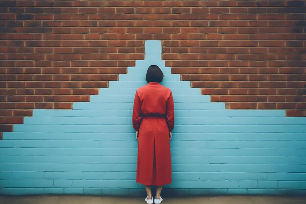 Premium Ai Image Urban Elegance A Woman Stands Gracefully Before A Blue Brick Wall