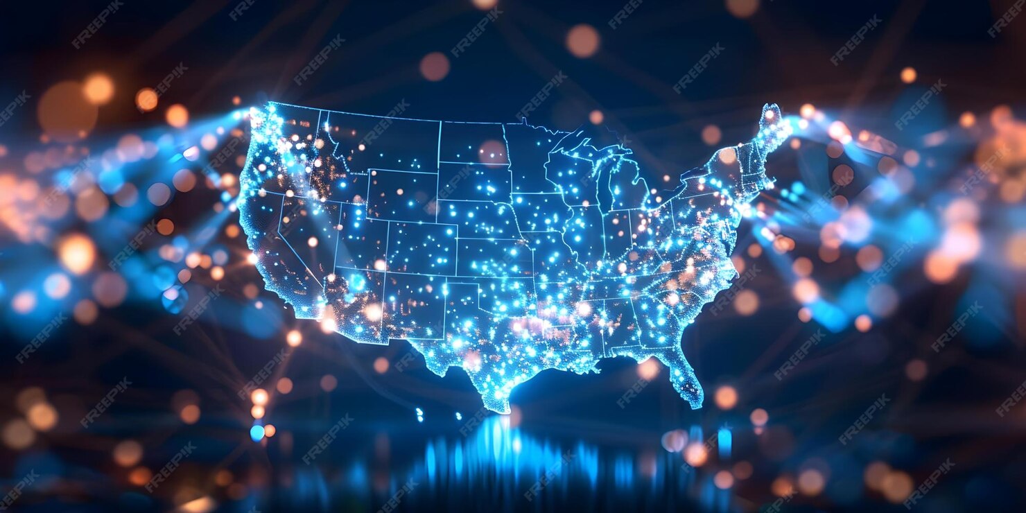 US Digital Network Map Visualizing Data Flow Between Data Centers and Exchange Points Concept ...
