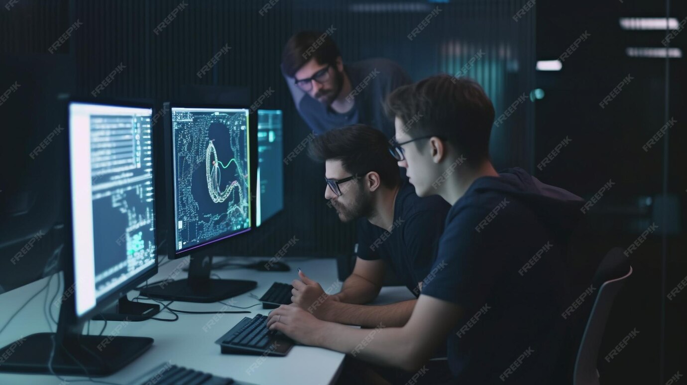 Premium Photo | Using code and Generative AI a team of programmers is debating algorithms