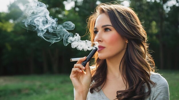 Premium Photo Vaping Young Beautiful Woman Smoking E Cigarette With Smoke Outdoors Vapor Concept