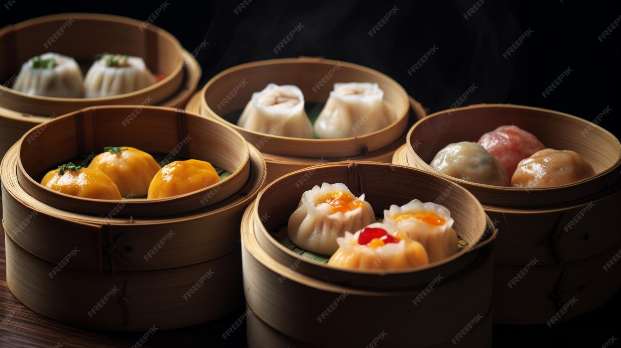 Premium AI Image | A variety of dim sum dishes are displayed in a dim ... Premium AI Image | A variety of dim sum dishes are displayed in a dim ...