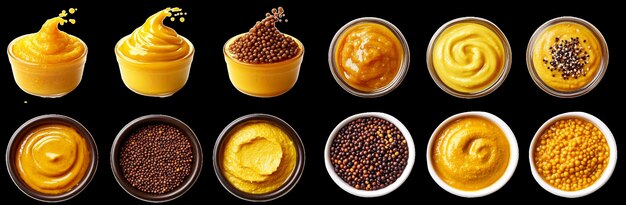 A variety of mustard types displayed in bowls showcasing different ...