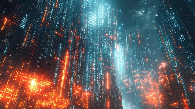 A vast digital landscape composed of endless lines of code cascading ...