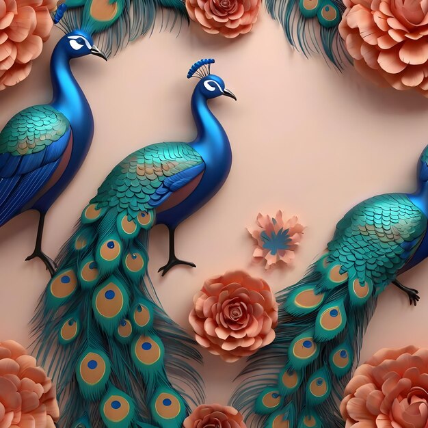 Premium Photo Vibrant 3d Peacock Wall Art With Floral Accents