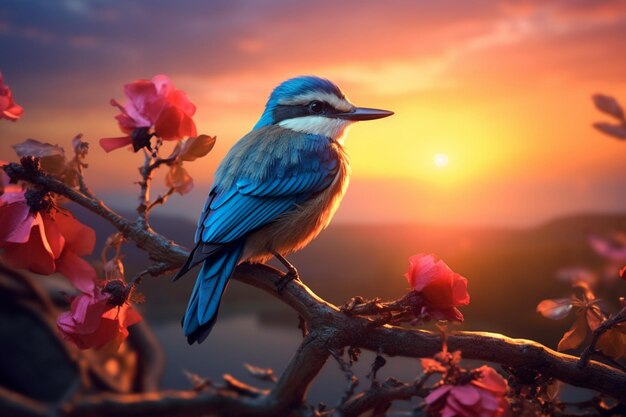 Premium Photo | A vibrant bird is seated on a branch with a sunset in ... Premium Photo | A vibrant bird is seated on a branch with a sunset in ...