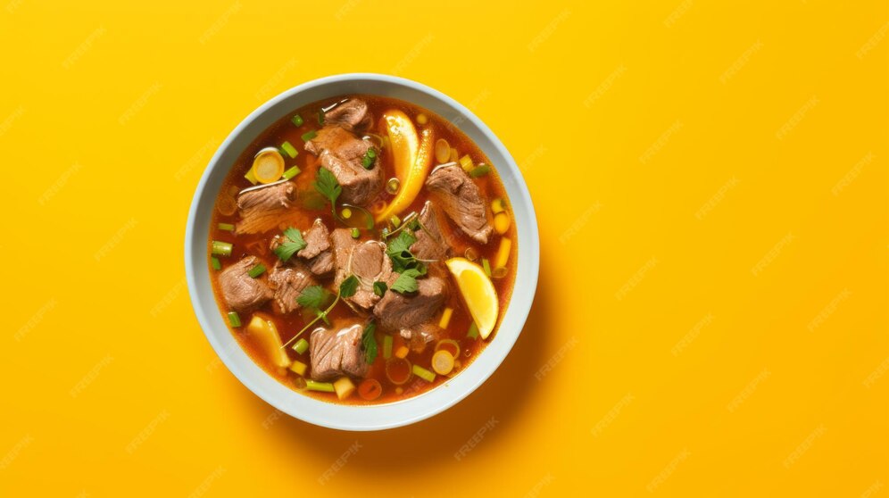 Premium Photo Vibrant Pork Soup With Rice And Veggies On Yellow Background