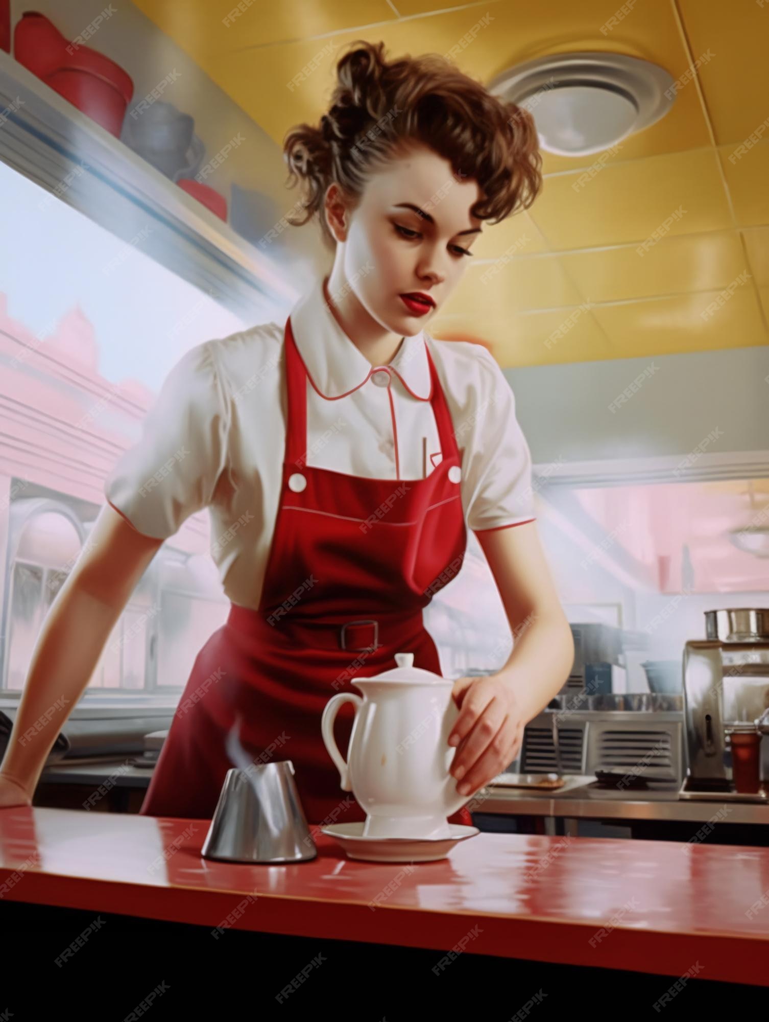 Premium Ai Image Vintage 1980s Diner Waitress Pouring Over Coffee Generative Ai Art