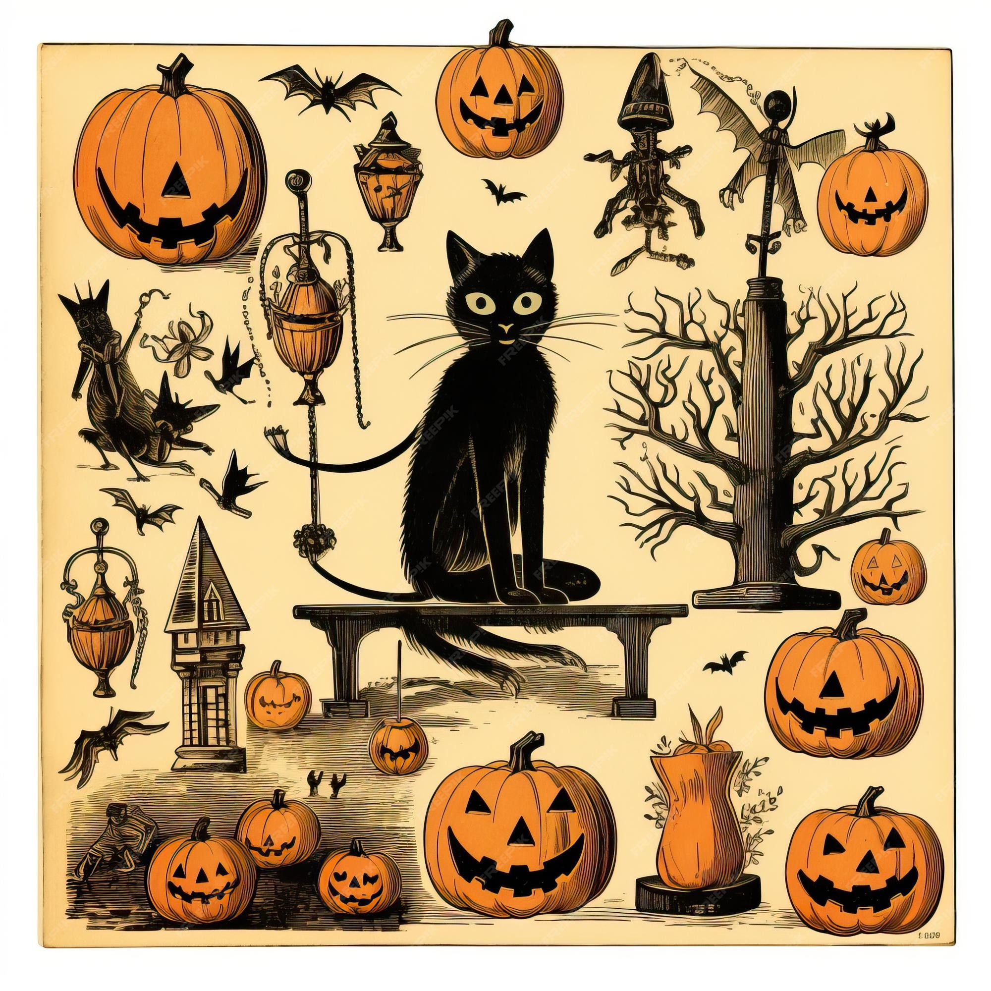 Premium Ai Image Vintage Halloween Paper Decoration Black Cat High Quality Ai Generated Image