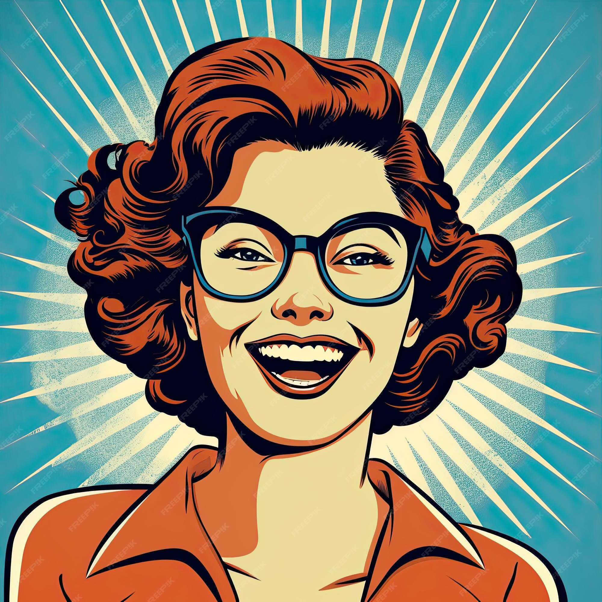 Premium Ai Image Vintage Pop Art Girl With 1950s Style Glasses Laughing 1950s Style Retro