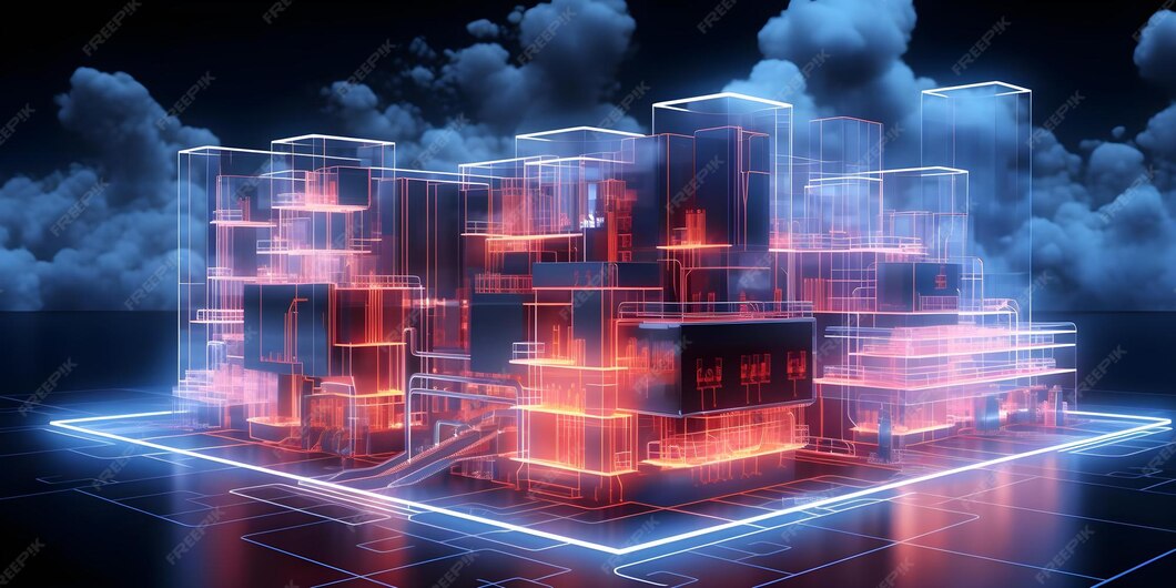 Visual Representation Of Cloud Computing Infrastructure With Circuit Lines And Technical Details