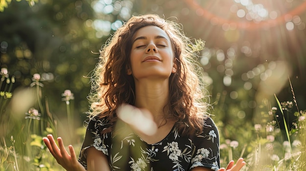 A visualization of a young woman practicing calming techniques outdoors ... A visualization of a young woman practicing calming techniques outdoors ...