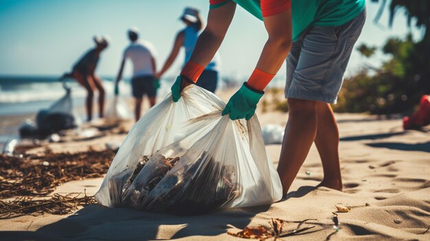 Volunteers cleaning up a beach collecting trash and sorting recyclables ... Volunteers cleaning up a beach collecting trash and sorting recyclables ...