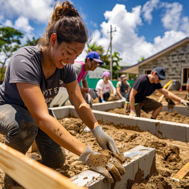 Volunteers work together enthusiastically building a community house ... Volunteers work together enthusiastically building a community house ...