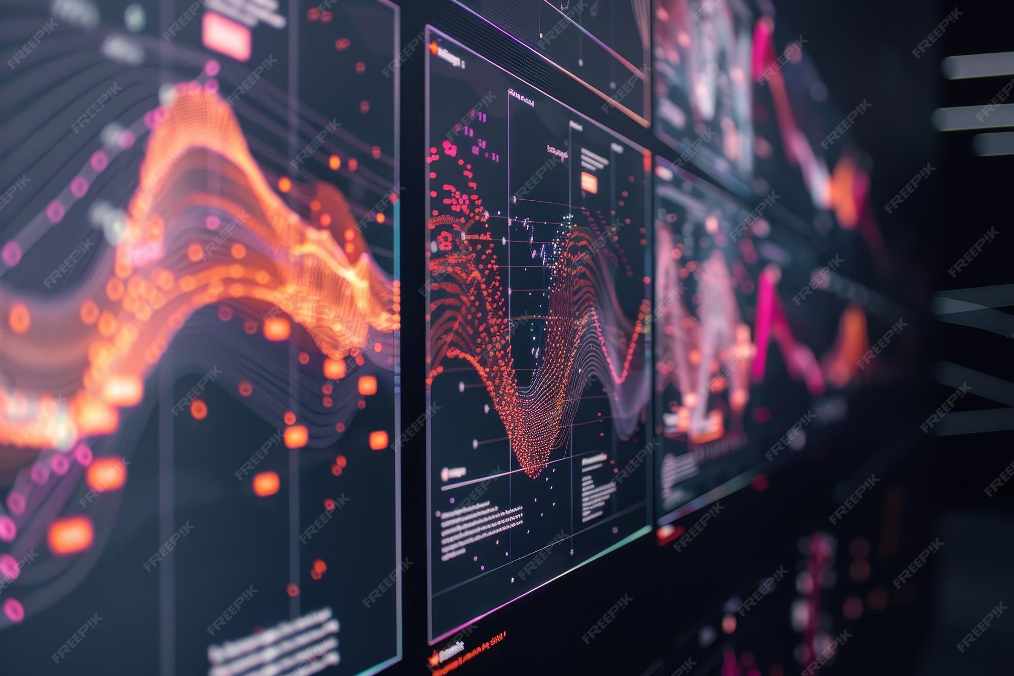 A wall of monitors displays complex data visualizations in a modern futuristic office setting ...