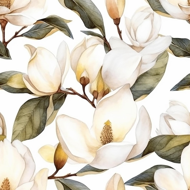 Premium Photo Watercolor Floral Pattern With Magnolia Flowers