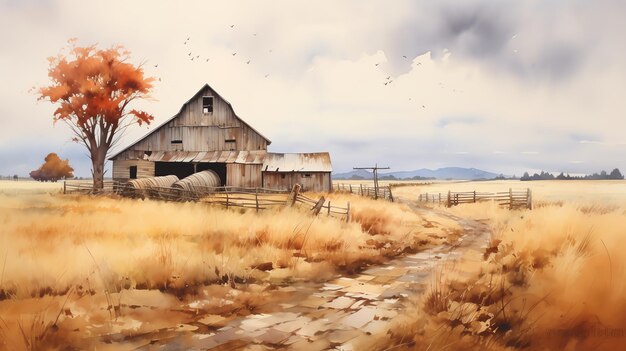 Premium Photo | Watercolor painting of rustic old barn in autumn fields Premium Photo | Watercolor painting of rustic old barn in autumn fields
