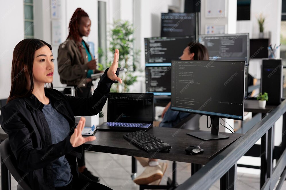 Premium Photo | Web developer working with hologram and coding language in programming big data ...