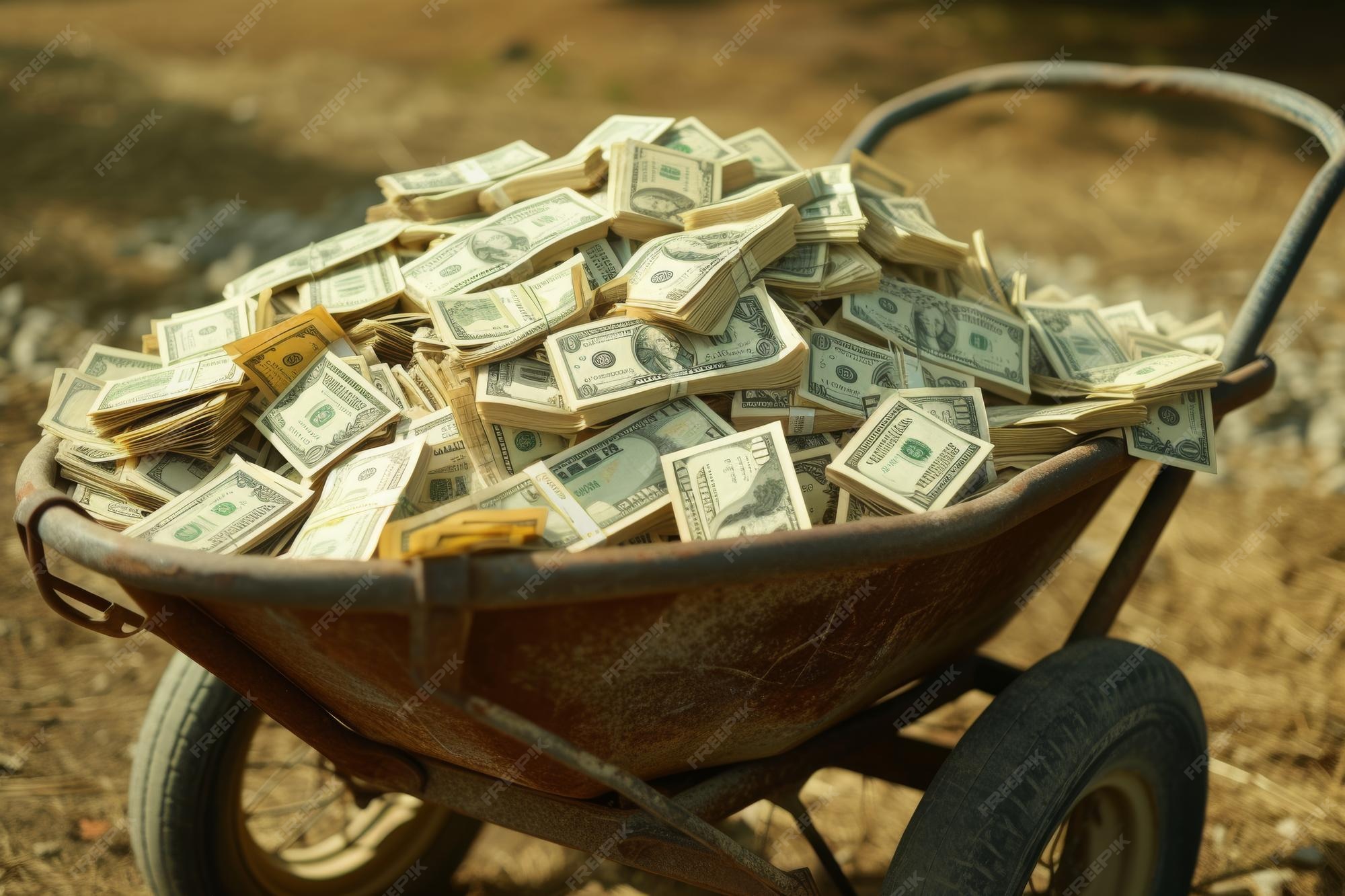 A Wheelbarrow Filled To The Brim With Money Sitting In An Open Field Surrounded By Grass And