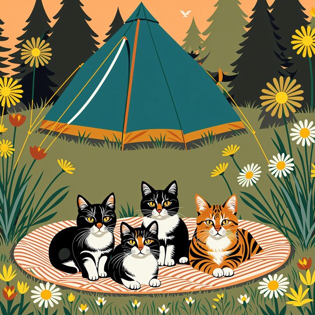Premium AI Image | Whimsical Wilderness Four Cats Embrace the Outdoors Premium AI Image | Whimsical Wilderness Four Cats Embrace the Outdoors