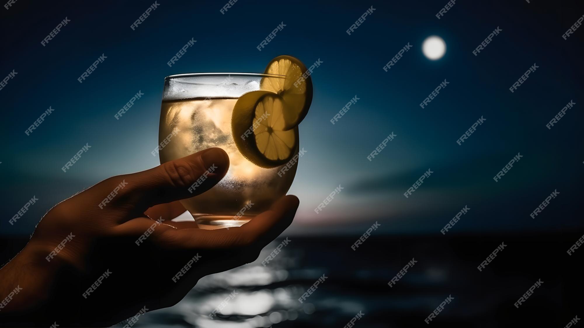 Premium Ai Image White Hand Holding Glass Of Cocktail On Blurry Sea