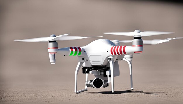 A white and red drone with the green and red stripes on its nose Premium AI generated image