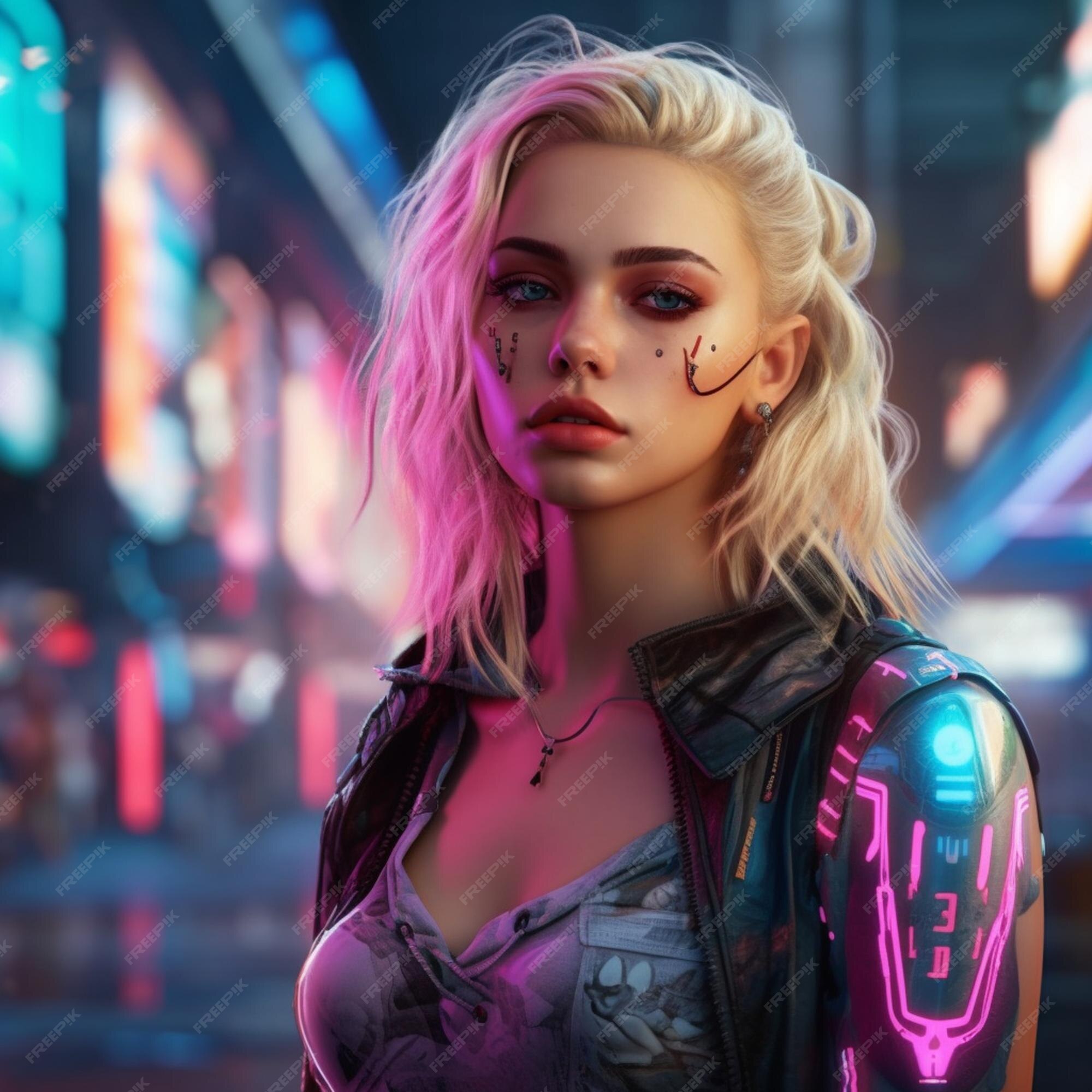Premium Photo A Wide Angle Photo Of A Blonde Cyberpunk Girl With No