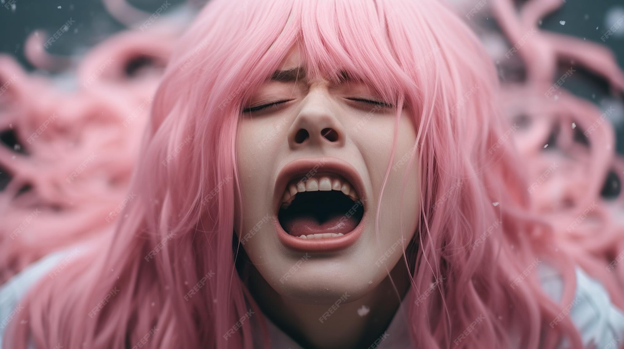 Premium Photo Wide Open Mouth Girl With Pink Hair Anime Style Character Portrait