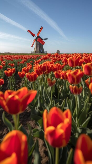 Premium Ai Image A Windmill In Holland With A Field Of Tulips In The