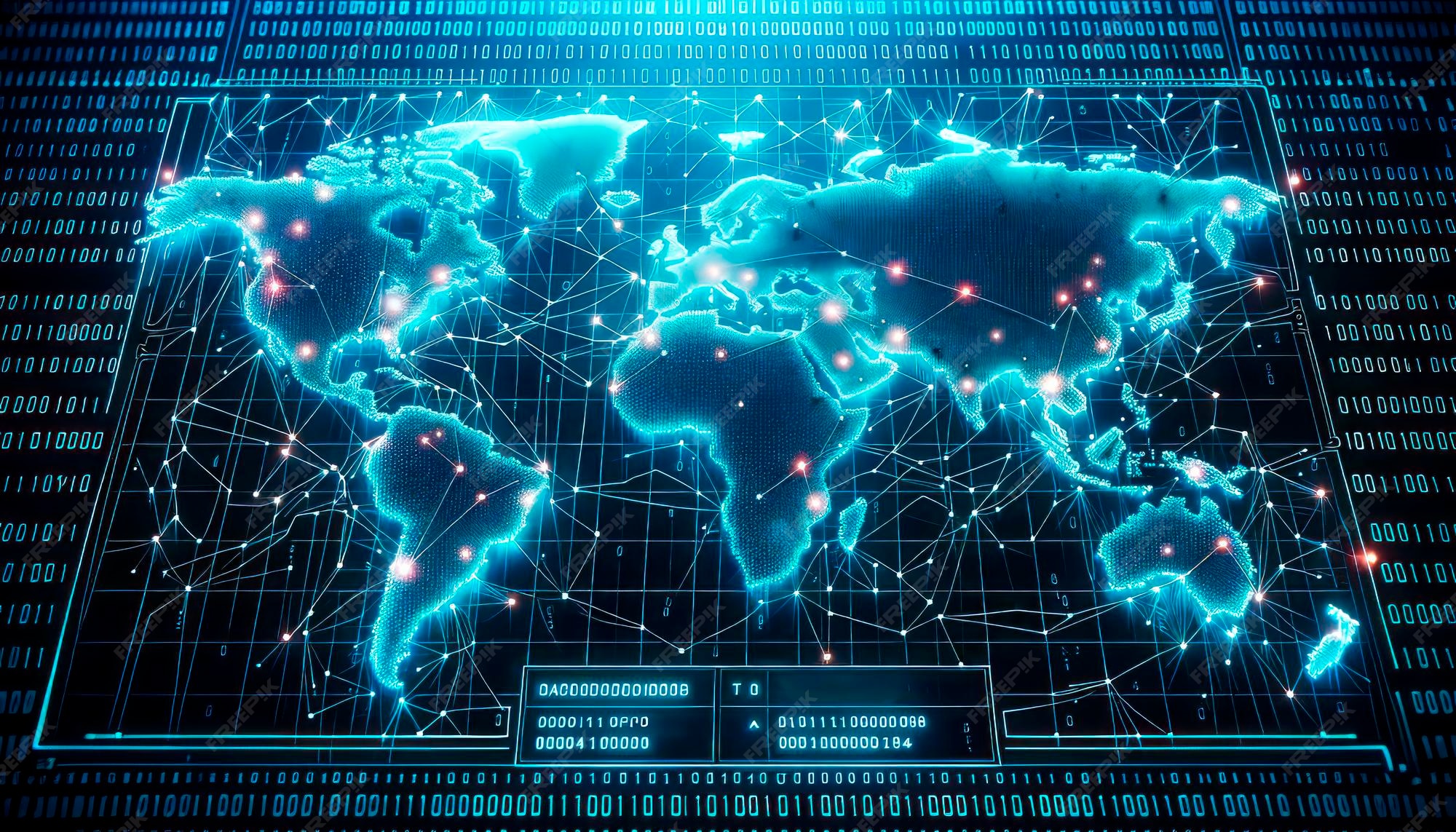 Premium AI Image | Wireframe digital world map on binary code background Network connectivity ...