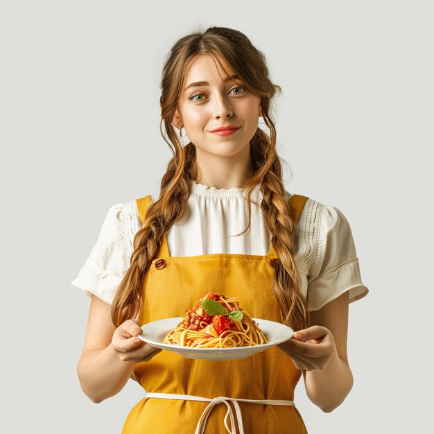 Premium Photo Woman In Apron Holding Plate Of Spaghetti