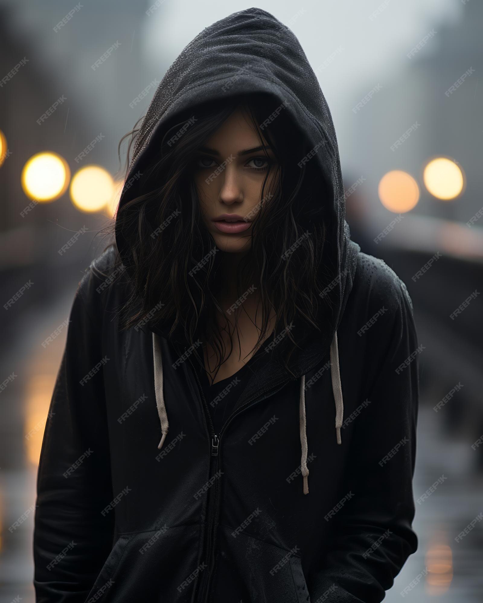 Premium Ai Image A Woman In A Black Hoodie Standing On A Bridge