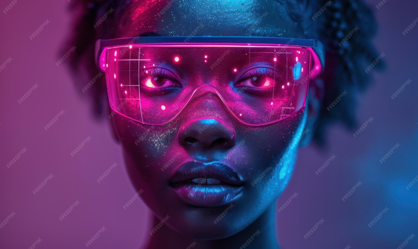 Premium Photo | Woman dark skinned wearing VR glasses virtual global ... Premium Photo | Woman dark skinned wearing VR glasses virtual global ...