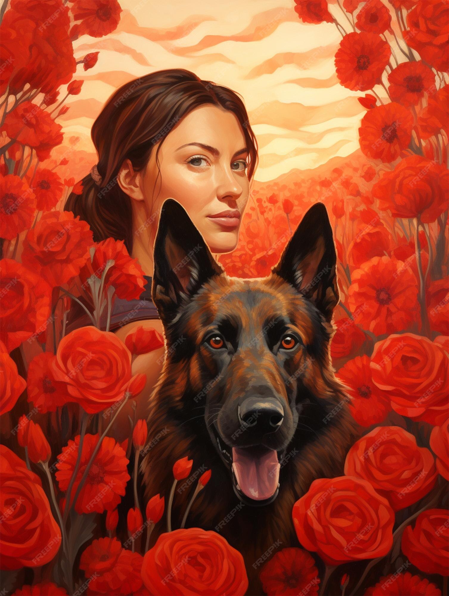 Premium Photo | A woman in a field of red flowers holds a german ... Premium Photo | A woman in a field of red flowers holds a german ...