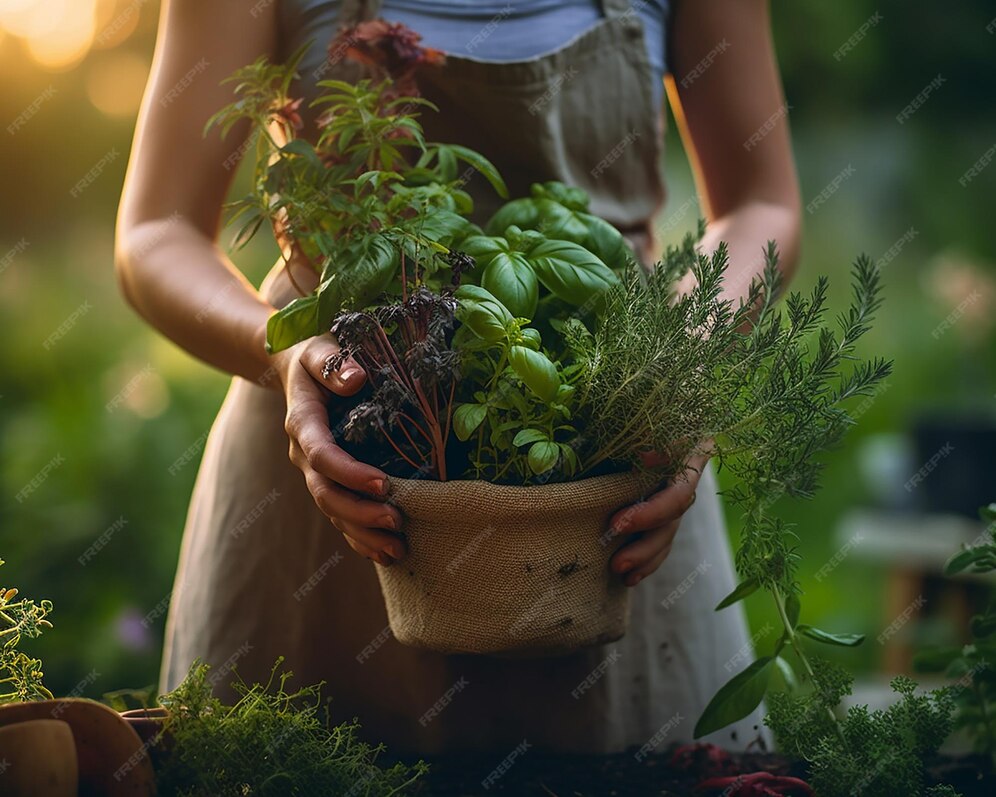 Premium Ai Image A Woman Holding A Pot Of Herbs In Her Garden