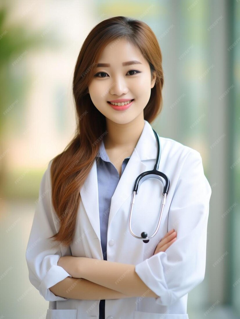 Premium Photo A Woman In A Lab Coat Stands In Front Of A Window